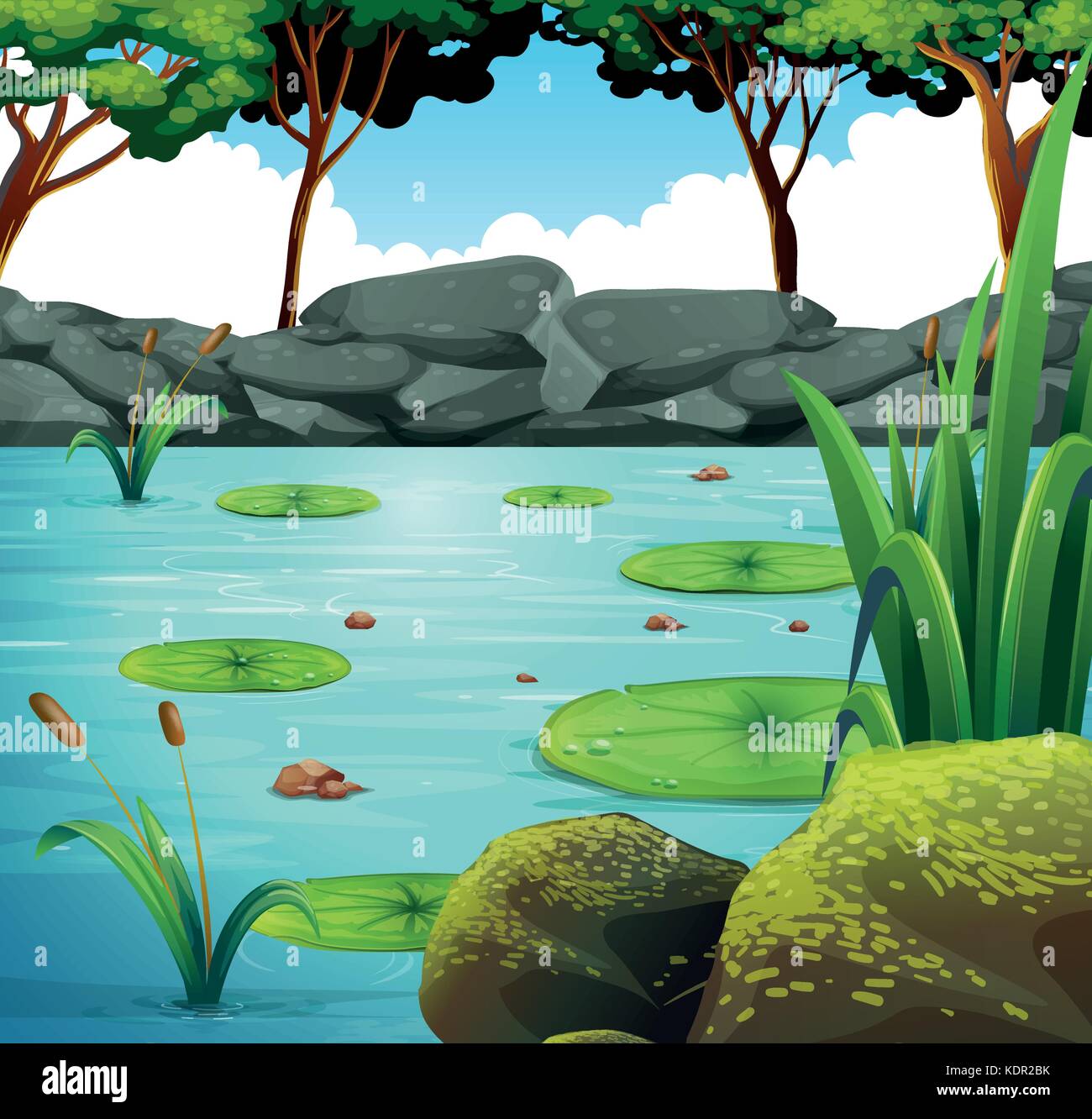 Scene with water lily in the pond illustration Stock Vector Image & Art ...