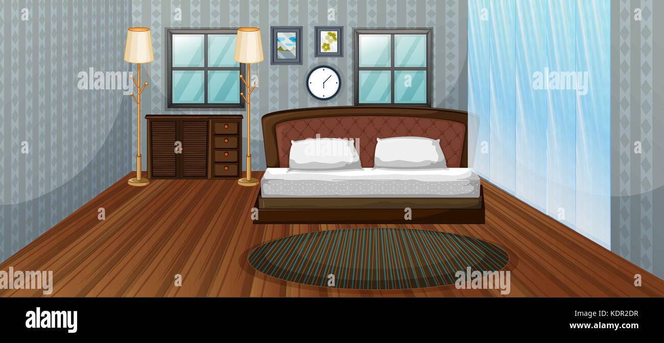 Bedroom scene with wooden bed illustration Stock Vector Image & Art - Alamy