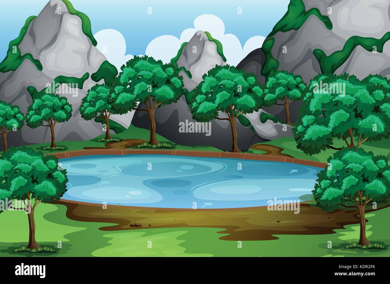 Forest scene with trees around the pond illustration Stock Vector Image ...