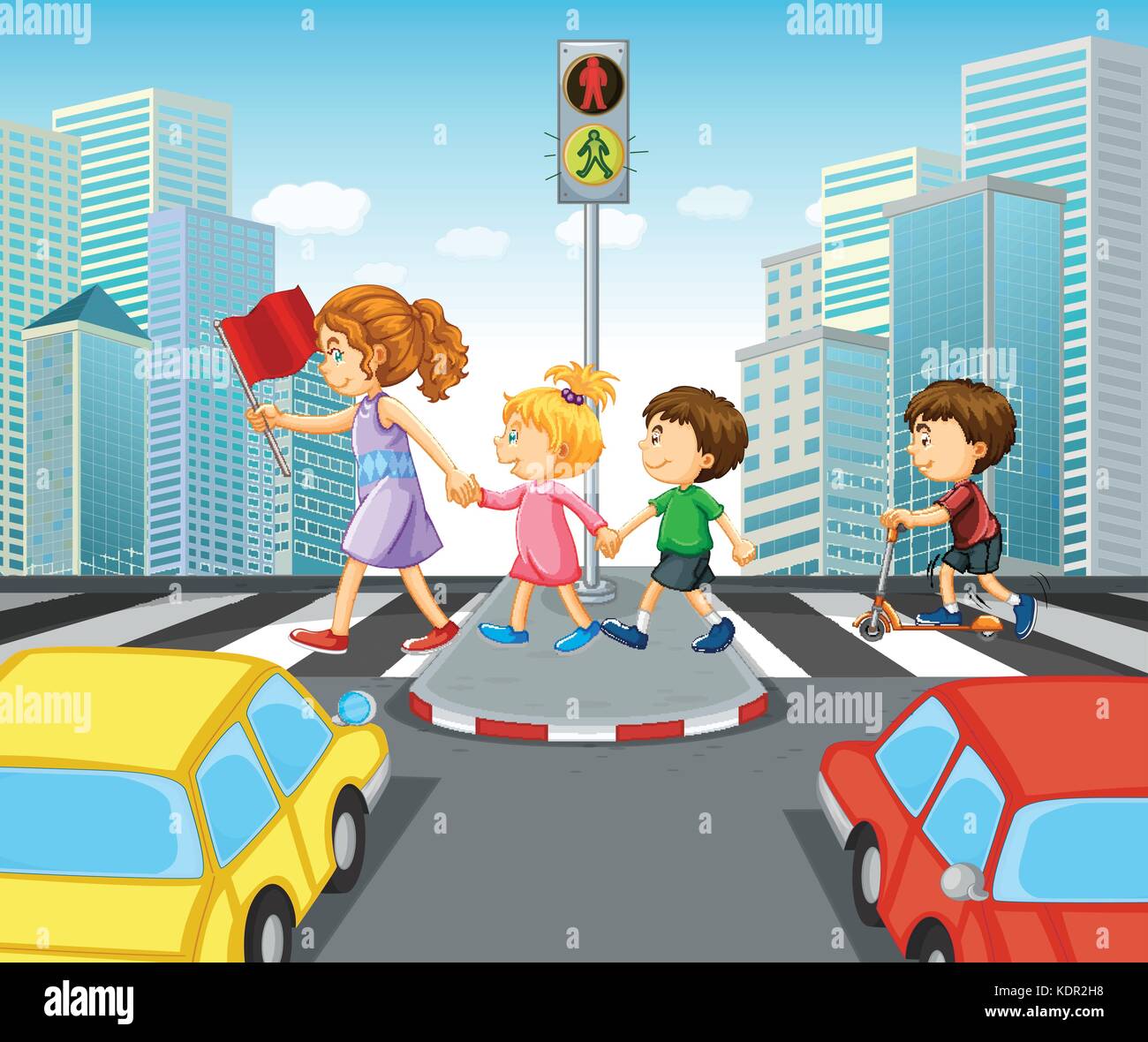 Children crossing street in city illustration Stock Vector Image & Art ...