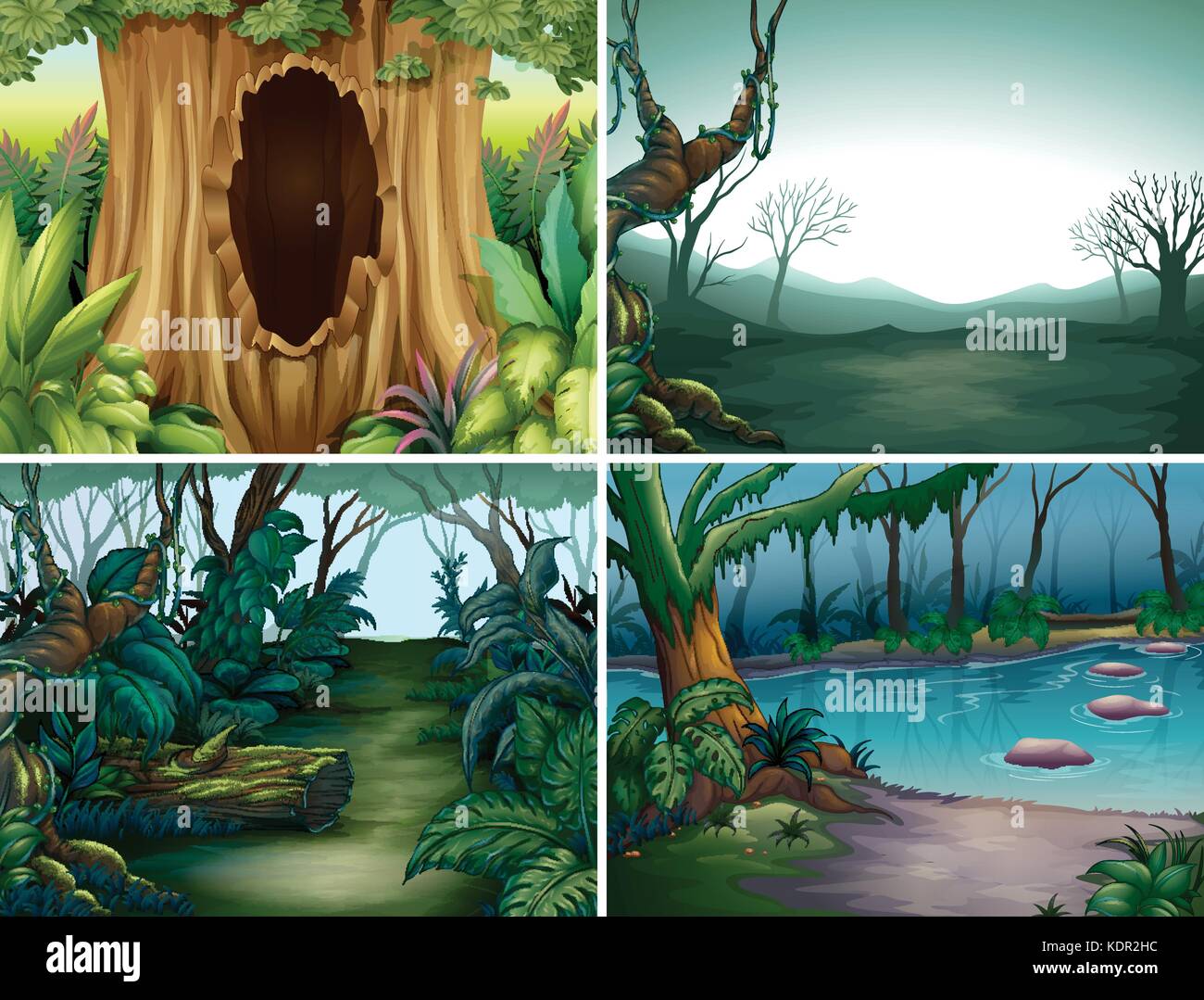Four forest scenes with trees and river illustration Stock Vector Image ...