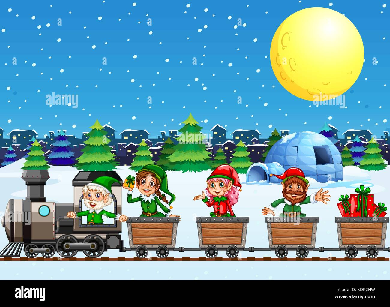 Christmas elves on train at night illustration Stock Vector Image & Art ...