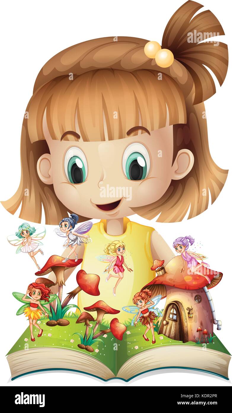 Girl reading book of fairies illustration Stock Vector Image & Art - Alamy