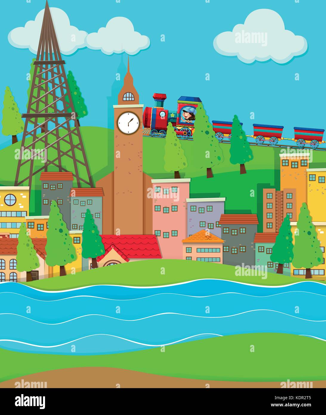 Train ride passing cirty buildings illustration Stock Vector Image ...