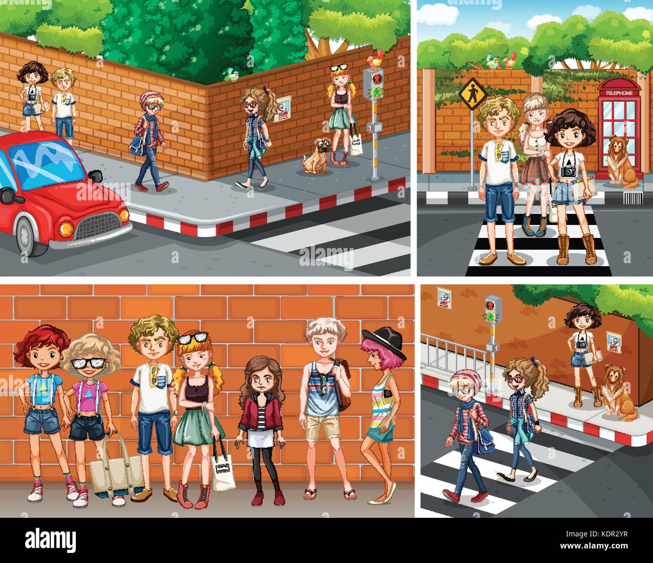 Four city scenes with young hipsters illustration Stock Vector Image ...