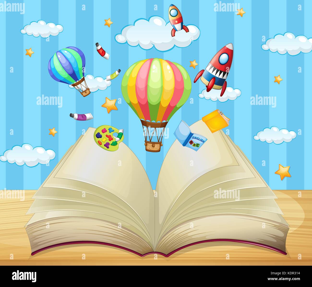 Balloons and rockets flying out of book illustration Stock Vector Image ...