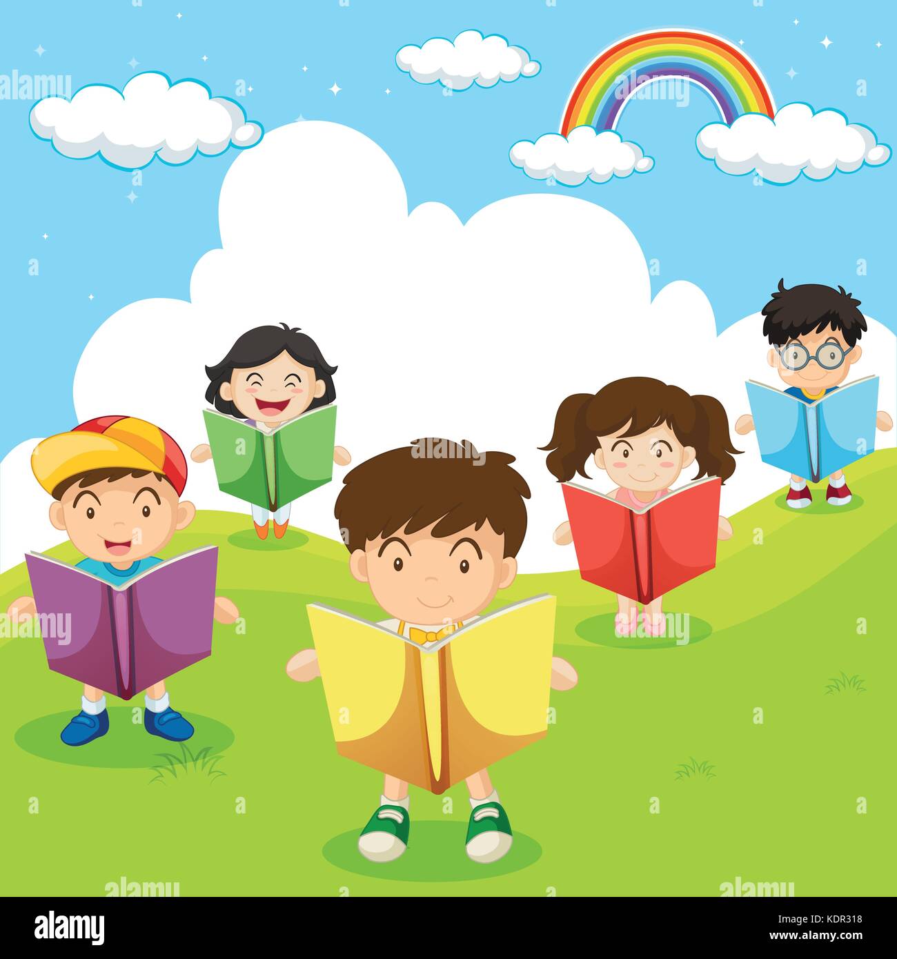 Happy children reading books in park illustration Stock Vector Image ...
