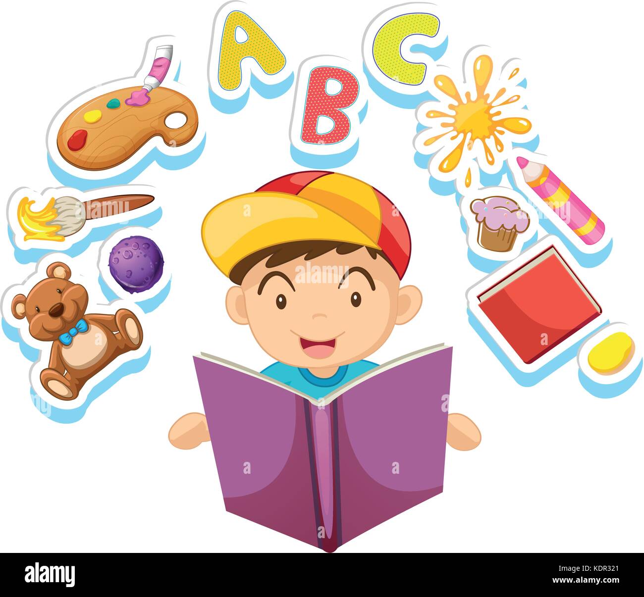 Happy boy reading storybook alone illustration Stock Vector Image & Art ...