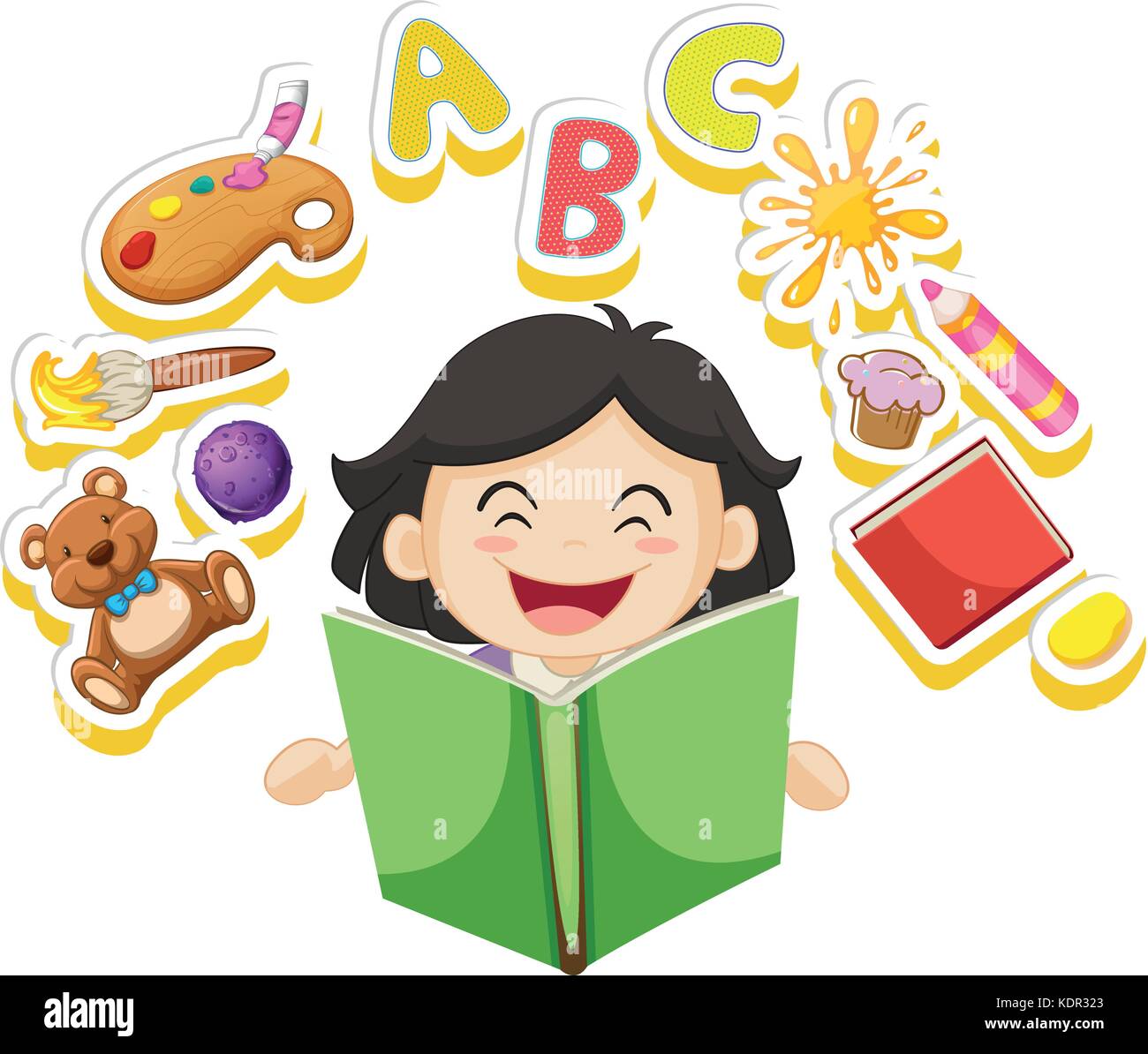 Happy girl reading book alone illustration Stock Vector Image & Art - Alamy