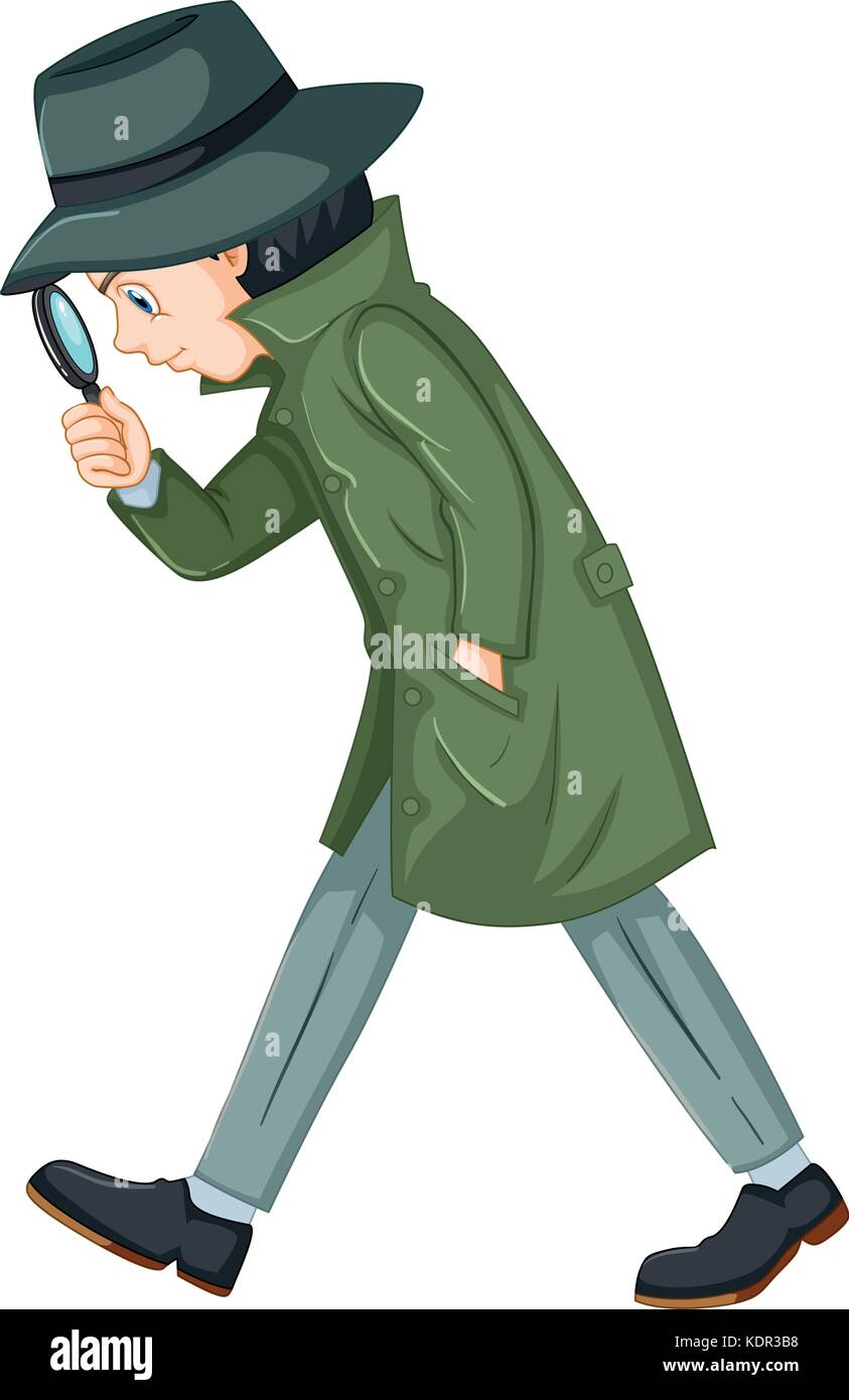 Detective in green overcoat with magnifying glass illustration Stock ...
