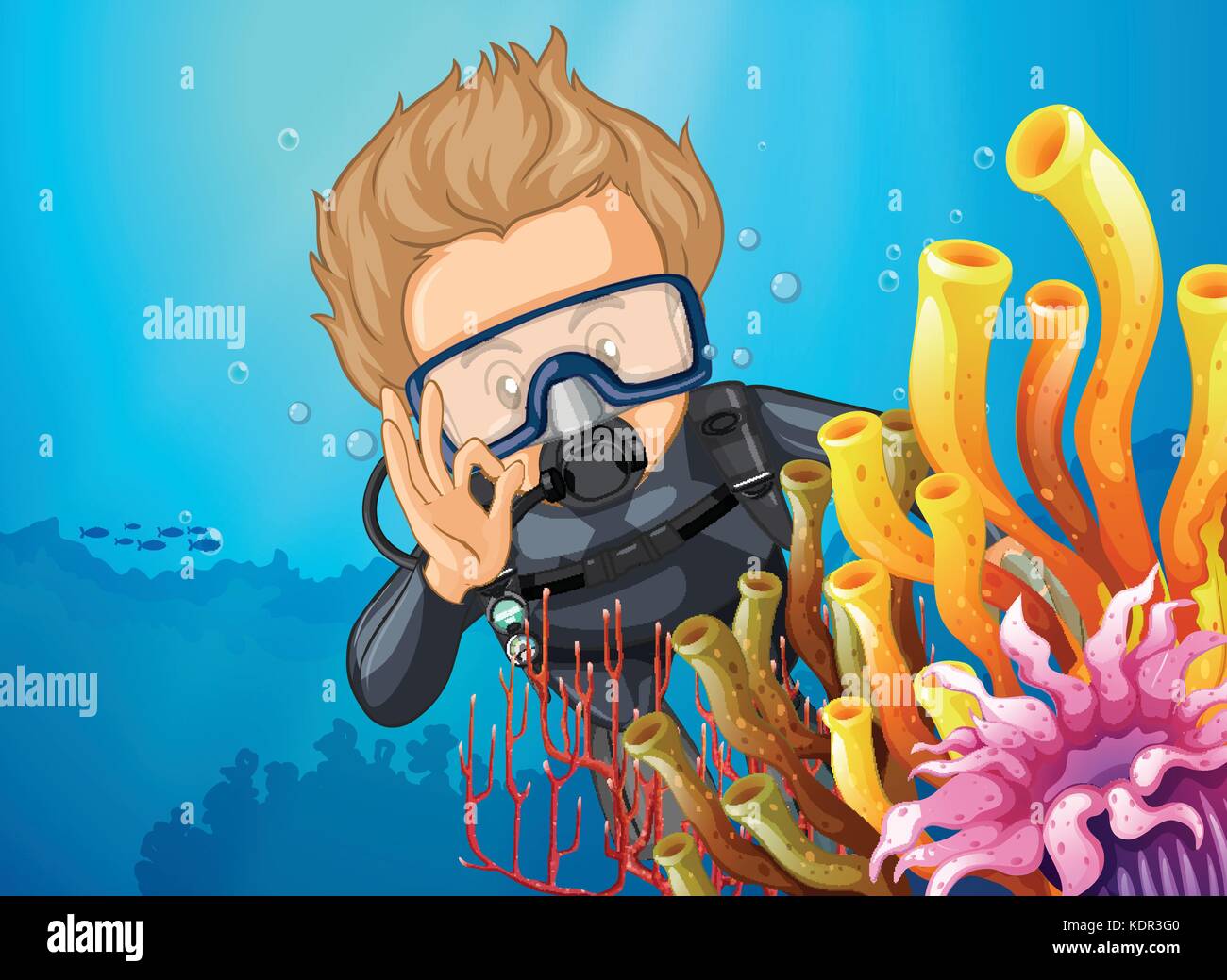 Scuba diver diving behind coral reef illustration Stock Vector Image ...