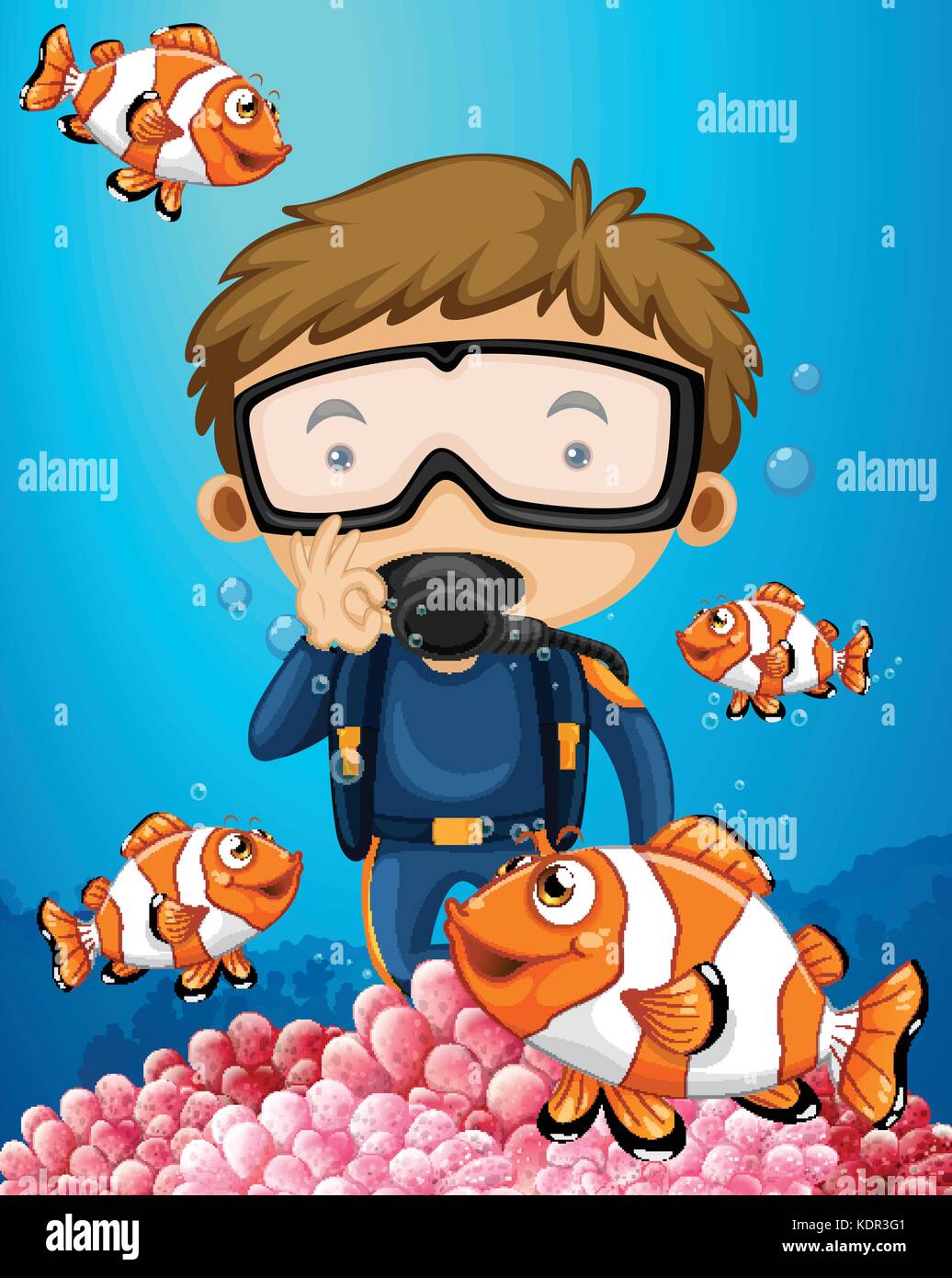 Man diving underwater with many clownfish illustration Stock Vector ...