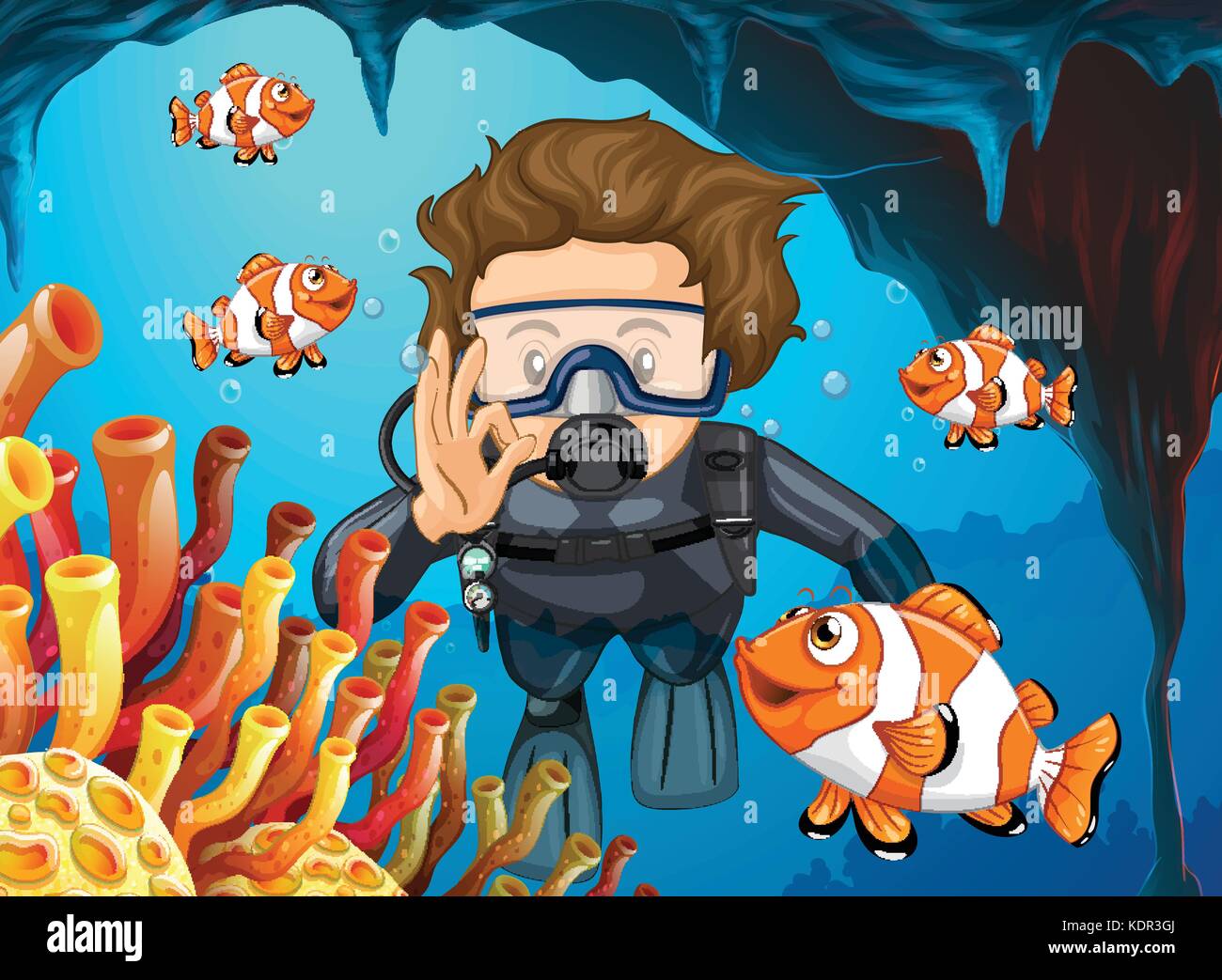 Scuba diver diving underwater with clownfish illustration Stock Vector ...