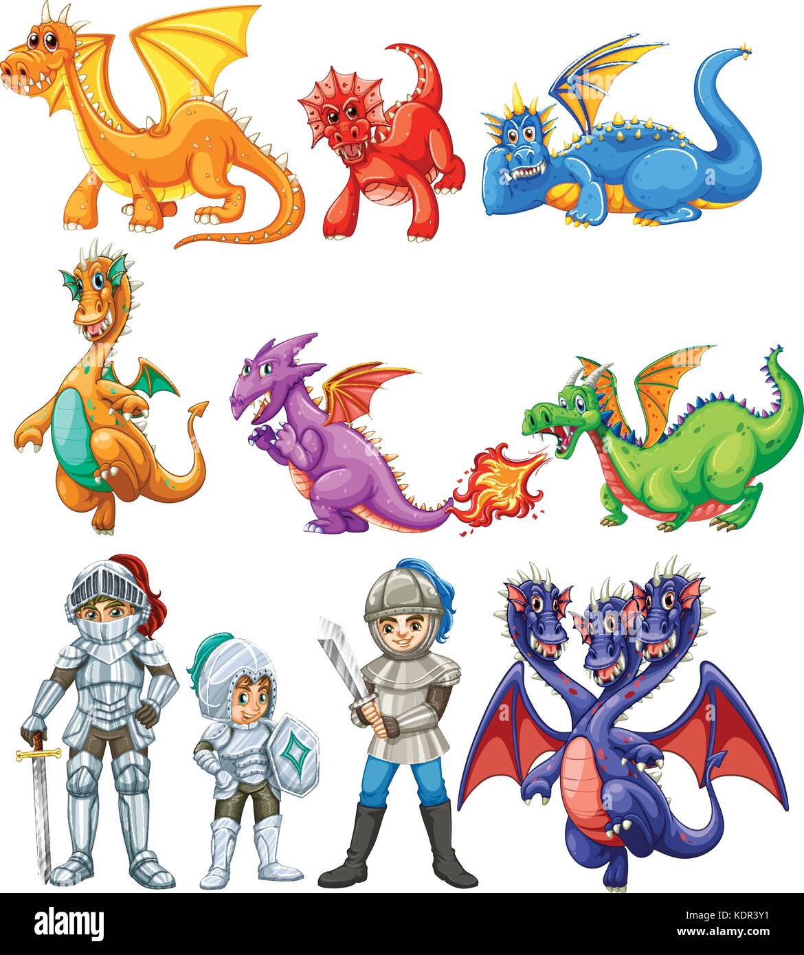 Many dragons and knights on white background illustration Stock Vector ...
