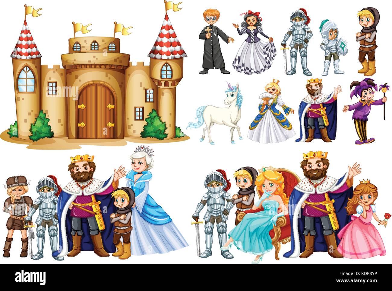 Fairytale characters and castle building illustration Stock Vector ...