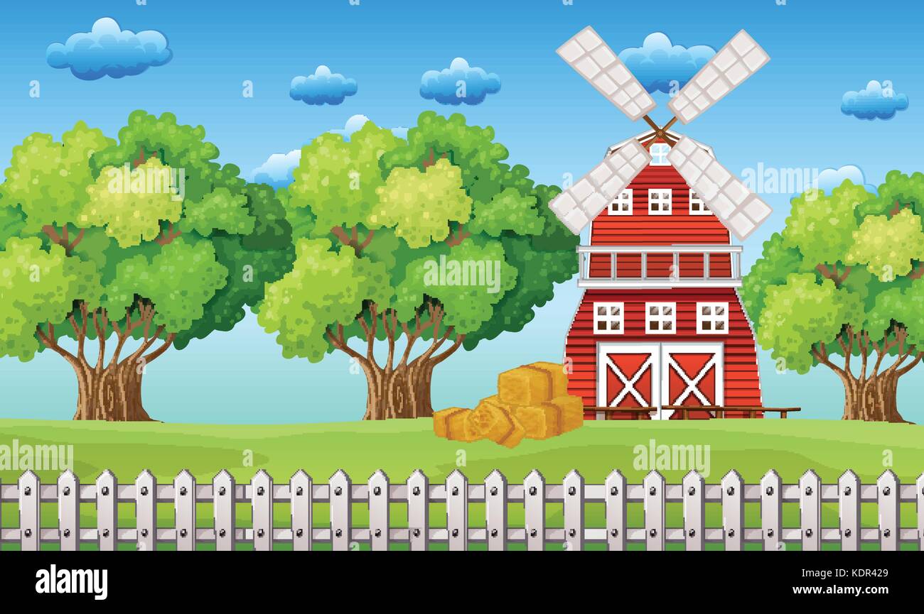 Farm scene with windmill in the field illustration Stock Vector Image ...