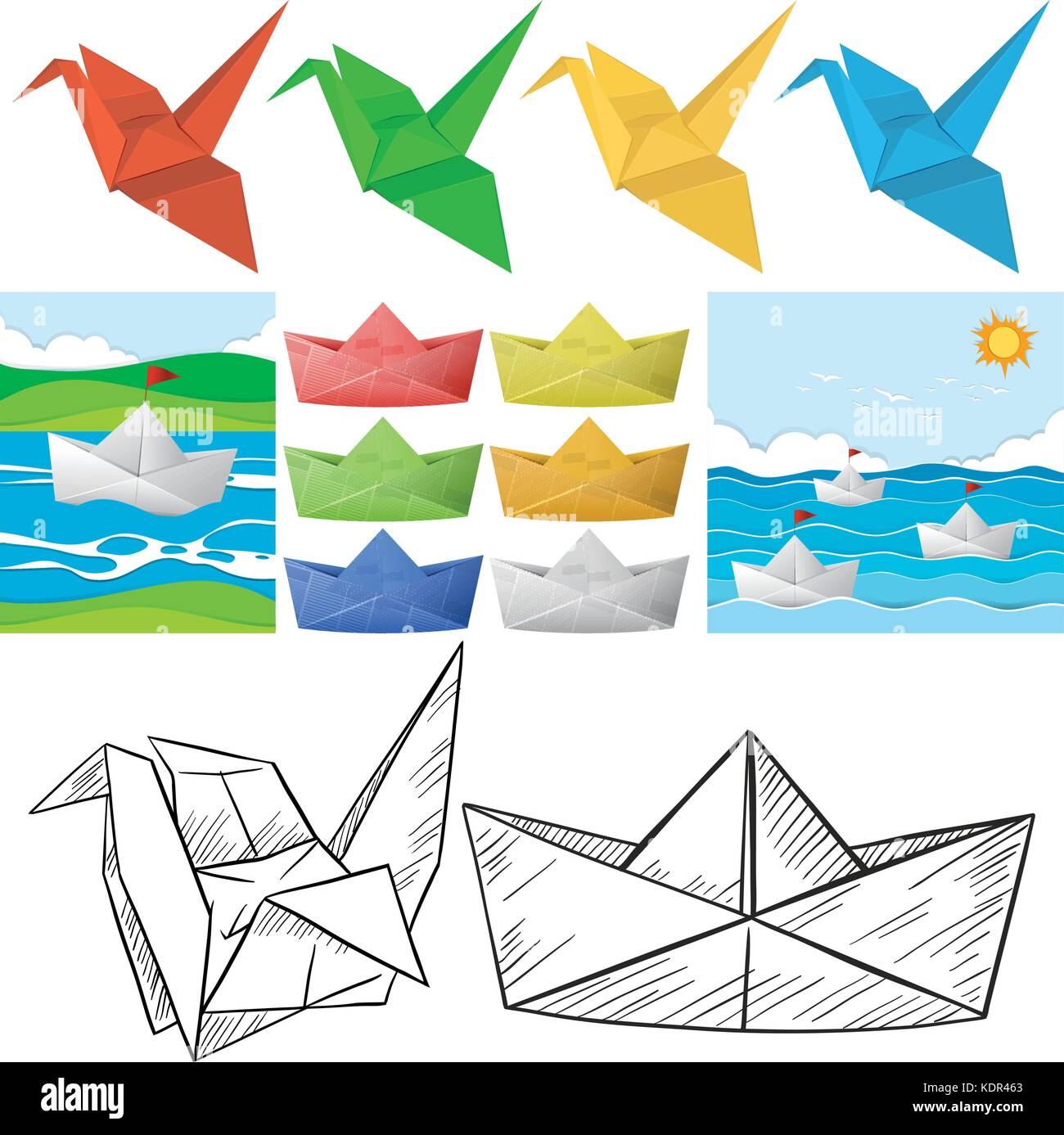 Origami craft with bird and boat illustration Stock Vector Image & Art ...