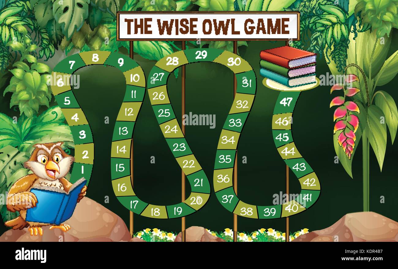 Game template with owl reading book in jungle illustration Stock Vector ...