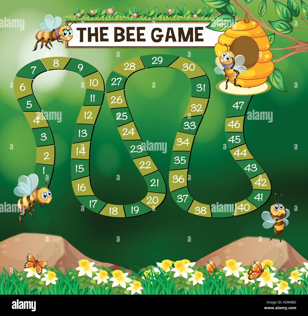 Game template with bees flying in garden illustration Stock Vector ...