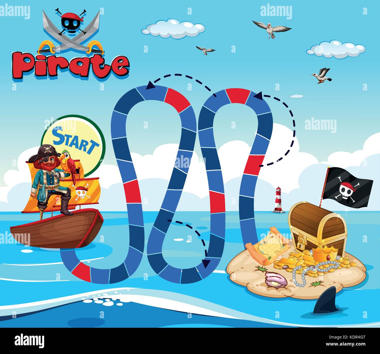 Boardgame template with pirate and treassure island illustration Stock ...