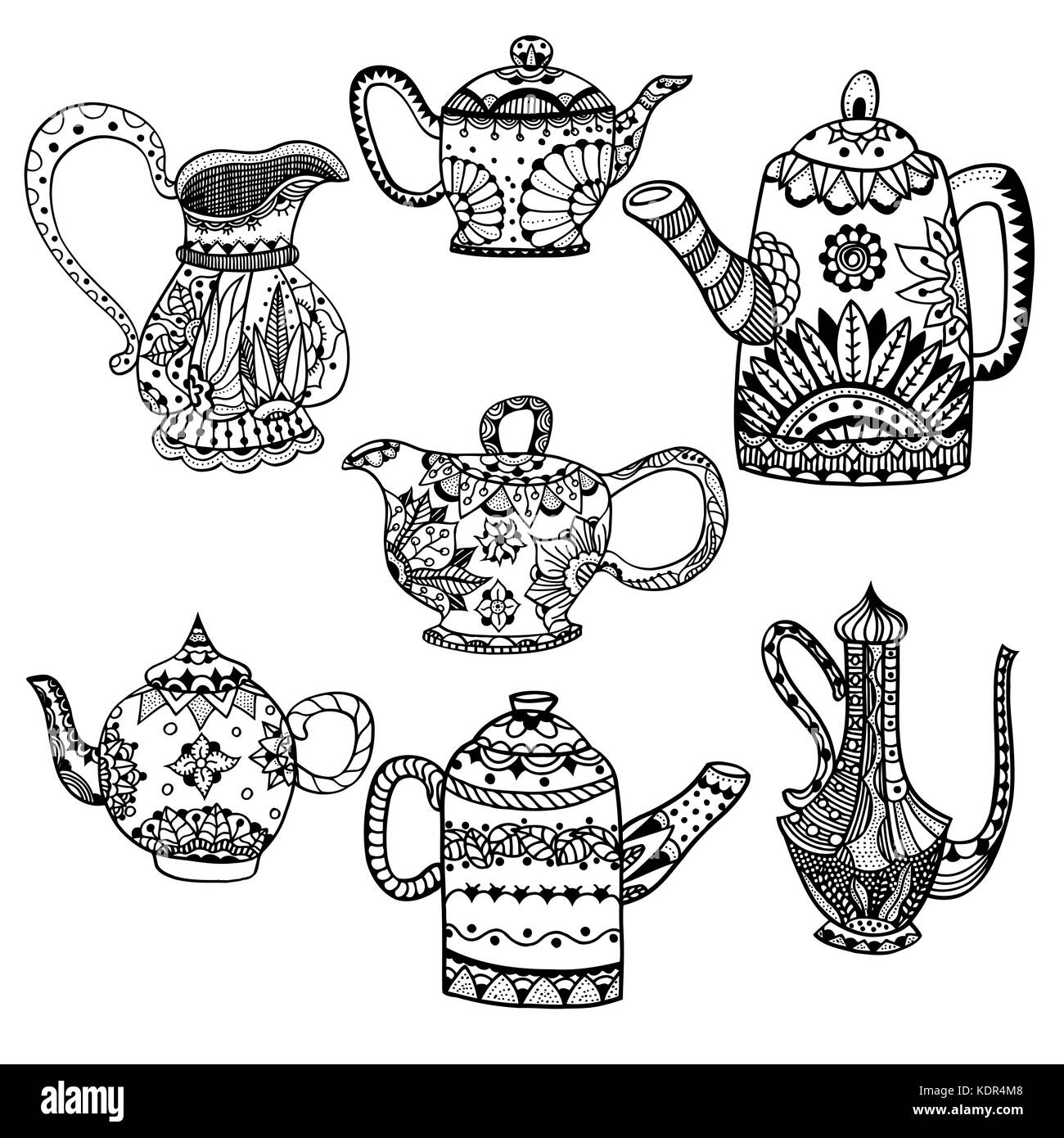 Set of Teapots and jugs isolated vector illustration. Hand drawn art ...