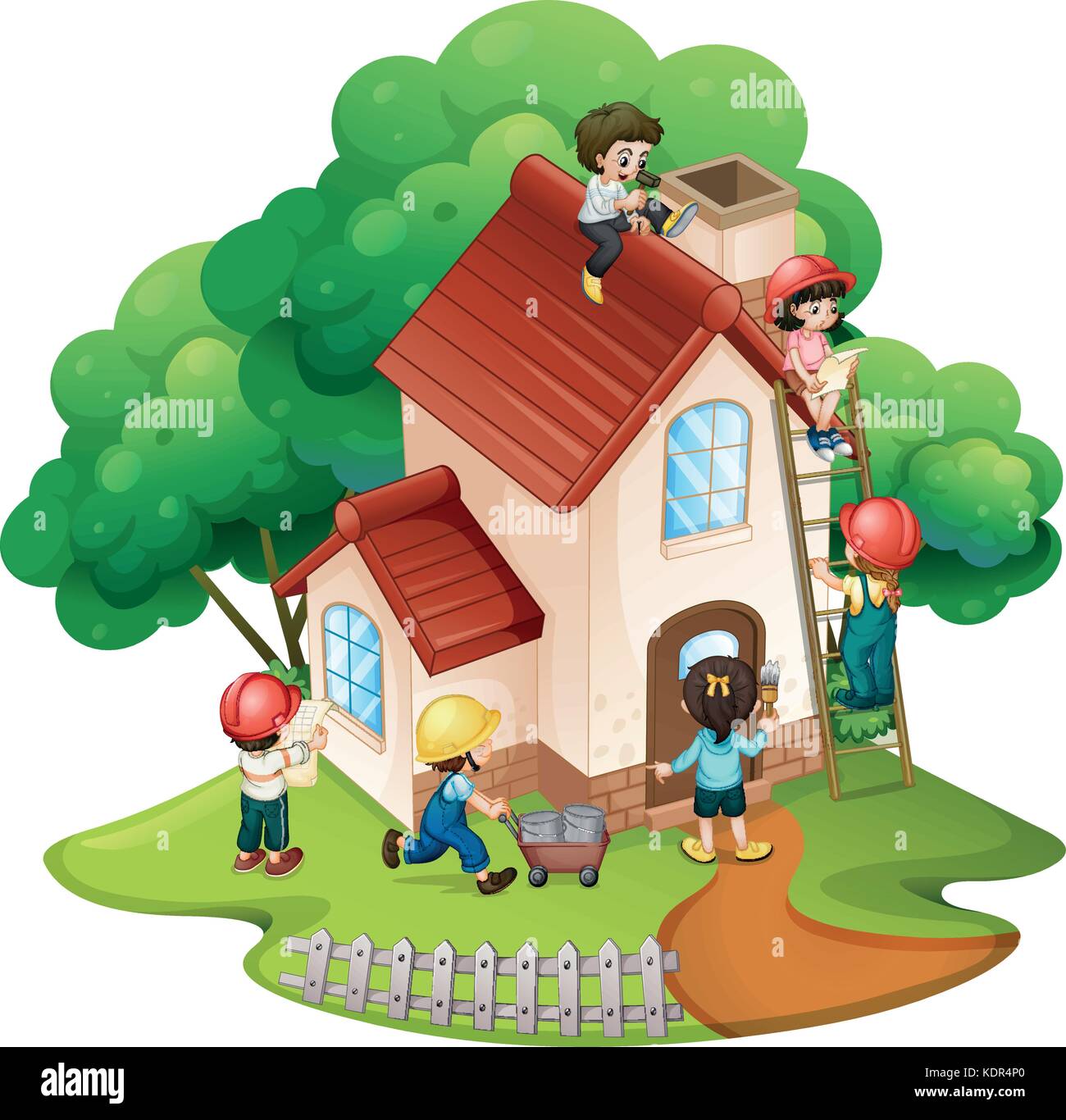 Children building little house illustration Stock Vector Image & Art ...