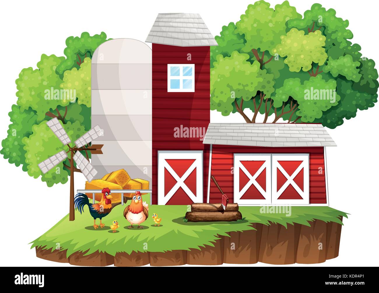 Farm scene with chickens by the barns illustration Stock Vector Image ...