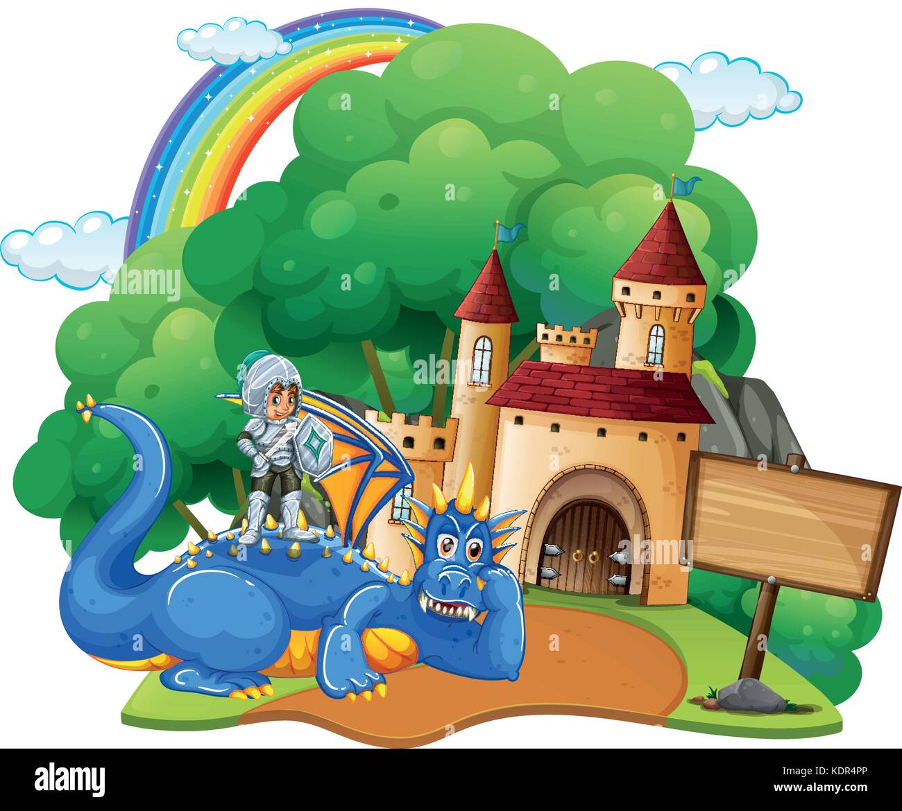 Castle scene with knight and dragon illustration Stock Vector Image ...
