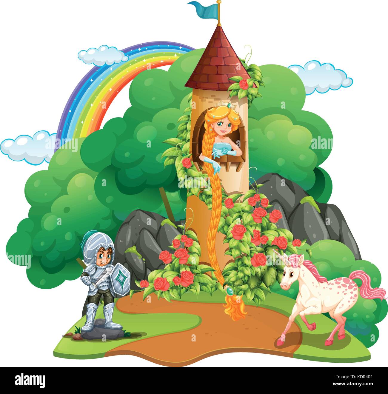 Fairytale scene with knight and princess illustration Stock Vector ...