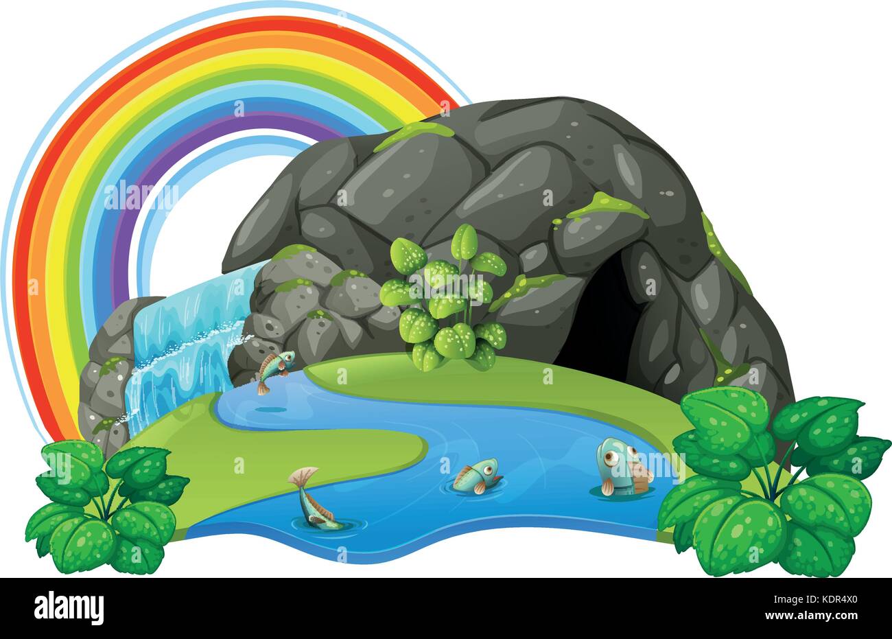 Scene with waterfall and cave illustration Stock Vector Image & Art - Alamy