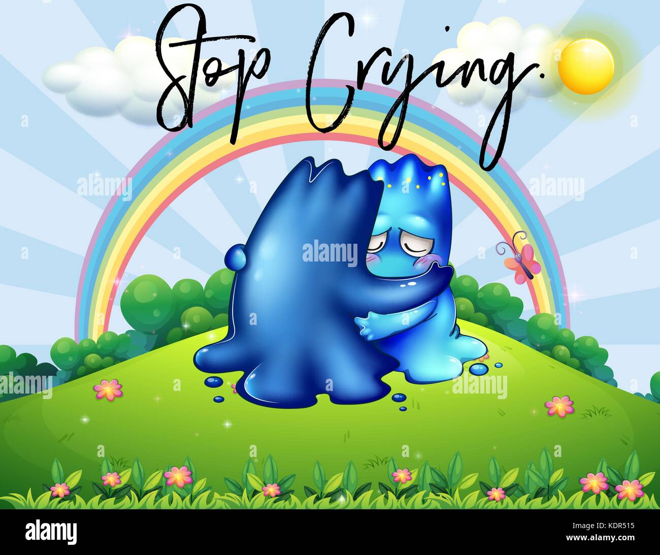 Two monsters hugging in park with phrase stop crying illustration Stock ...