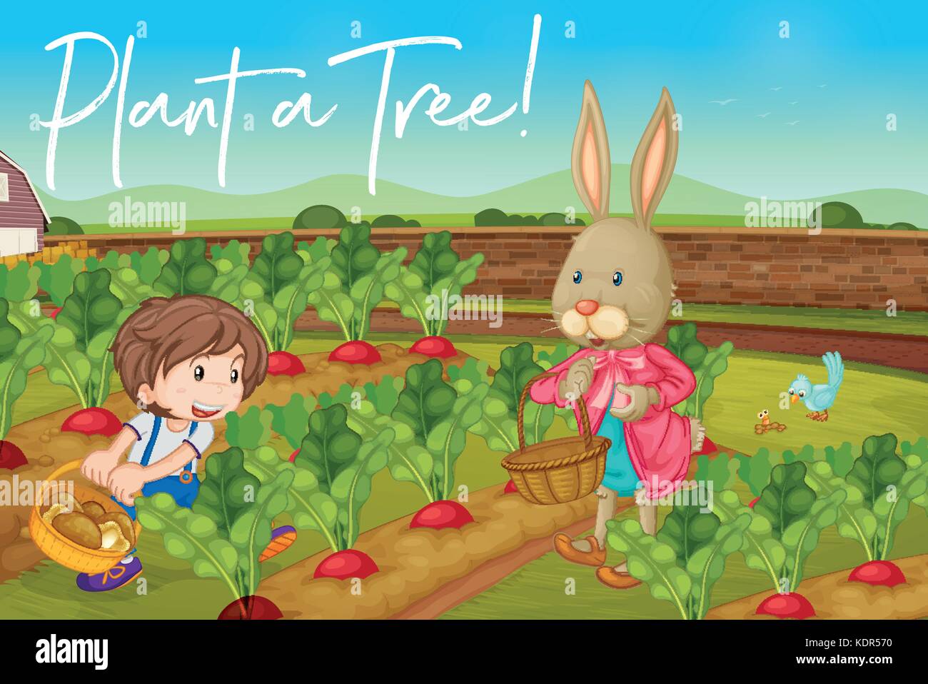 Boy and bunny in vegetable garden and phrase plant a tree illustration ...