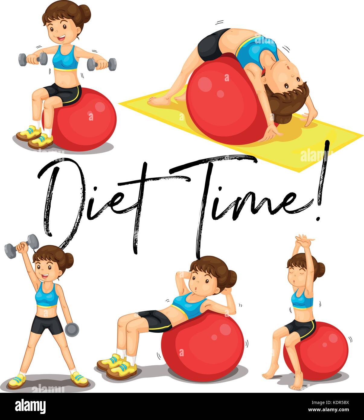 Diet time poster with woman exercising with ball illustration Stock ...