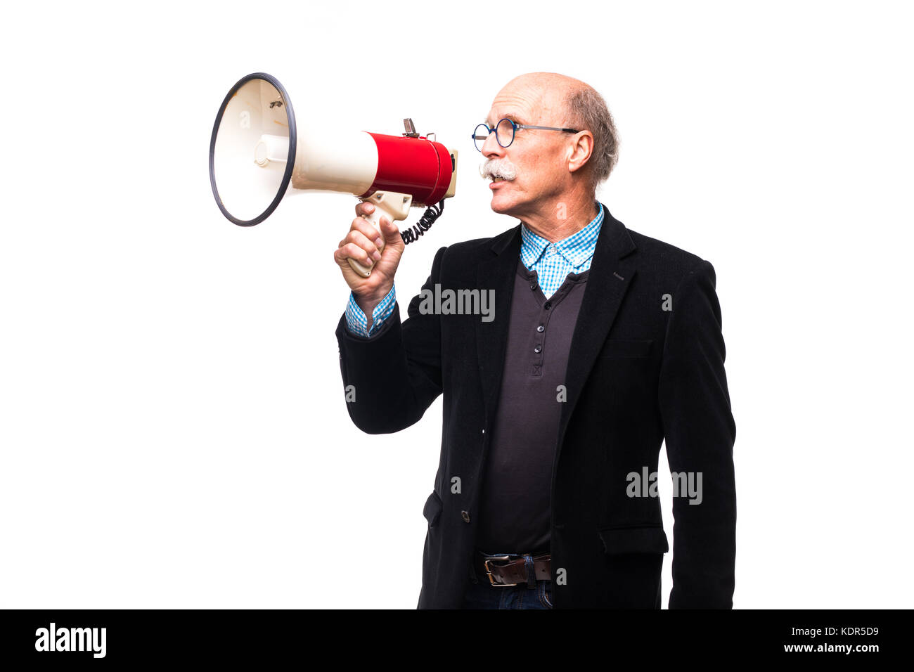 senior cool man with a megaphone on white Stock Photo - Alamy