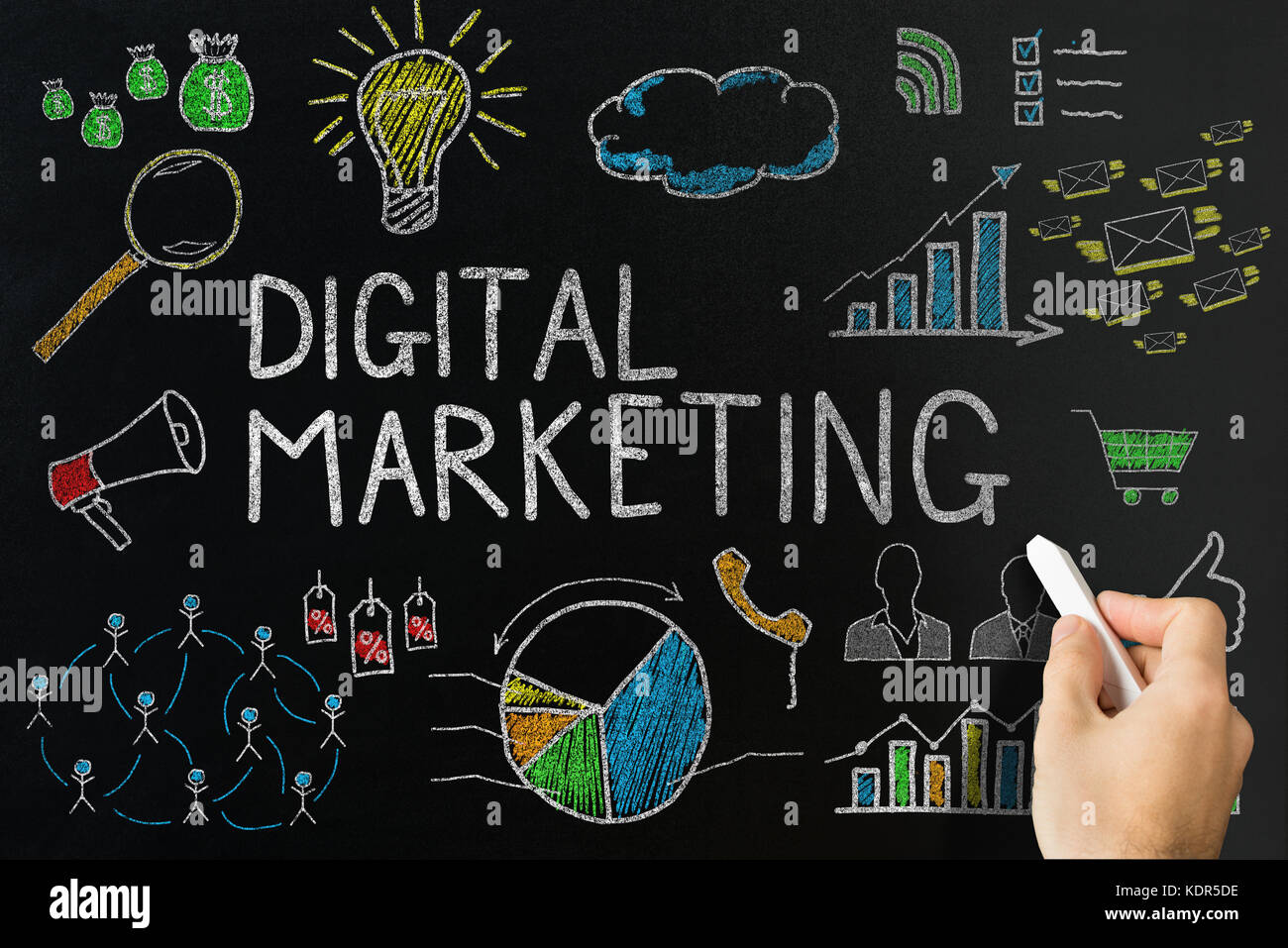 Close-up Of Person Hand Drawing Digital Marketing Diagram On Blackboard ...