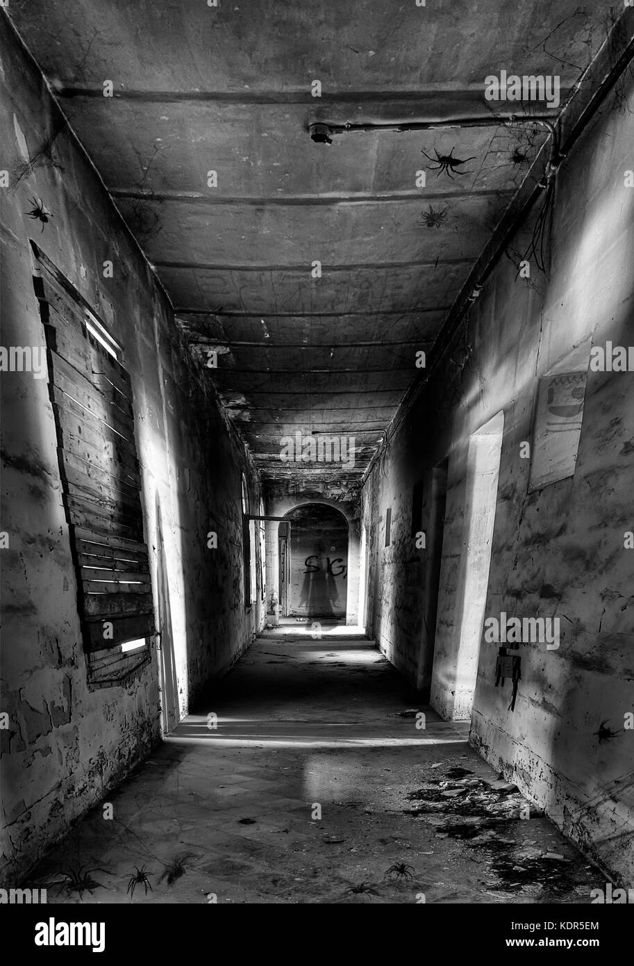 Dark and spooky corridor in an old abandoned building Stock Photo - Alamy