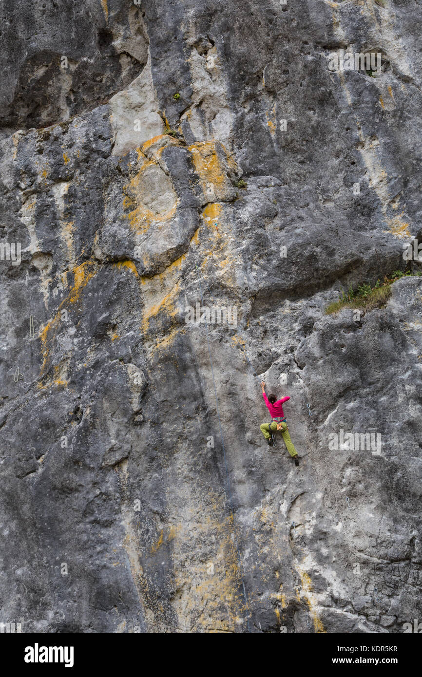 Strong girl climbs on a rock, doing sports climbing in nature Stock ...