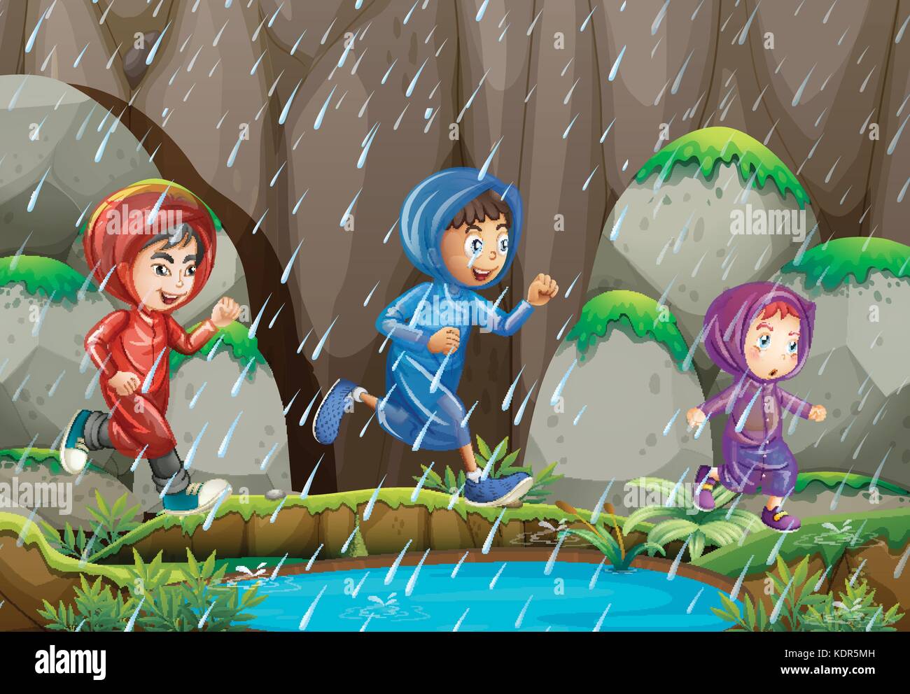 Three kids in the rain illustration Stock Vector Image & Art - Alamy