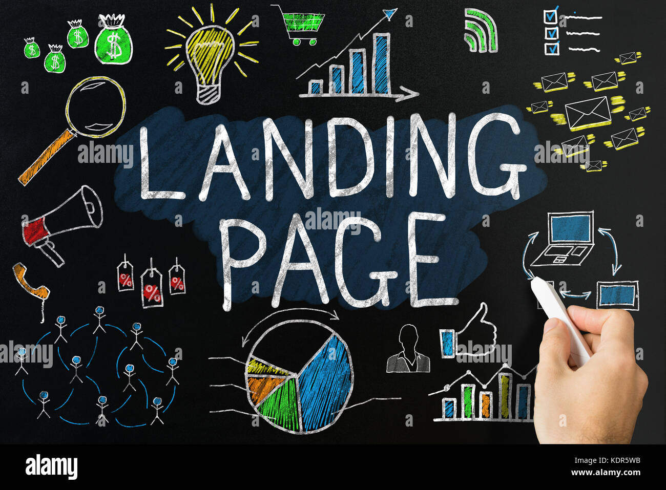 Person Hand Drawing Landing Page Concept On Blackboard With Chalk Stock ...