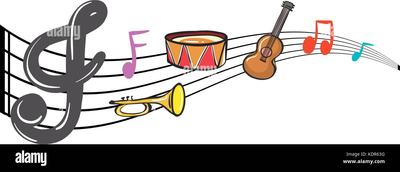 Musical instruments and music notes in background illustration Stock ...