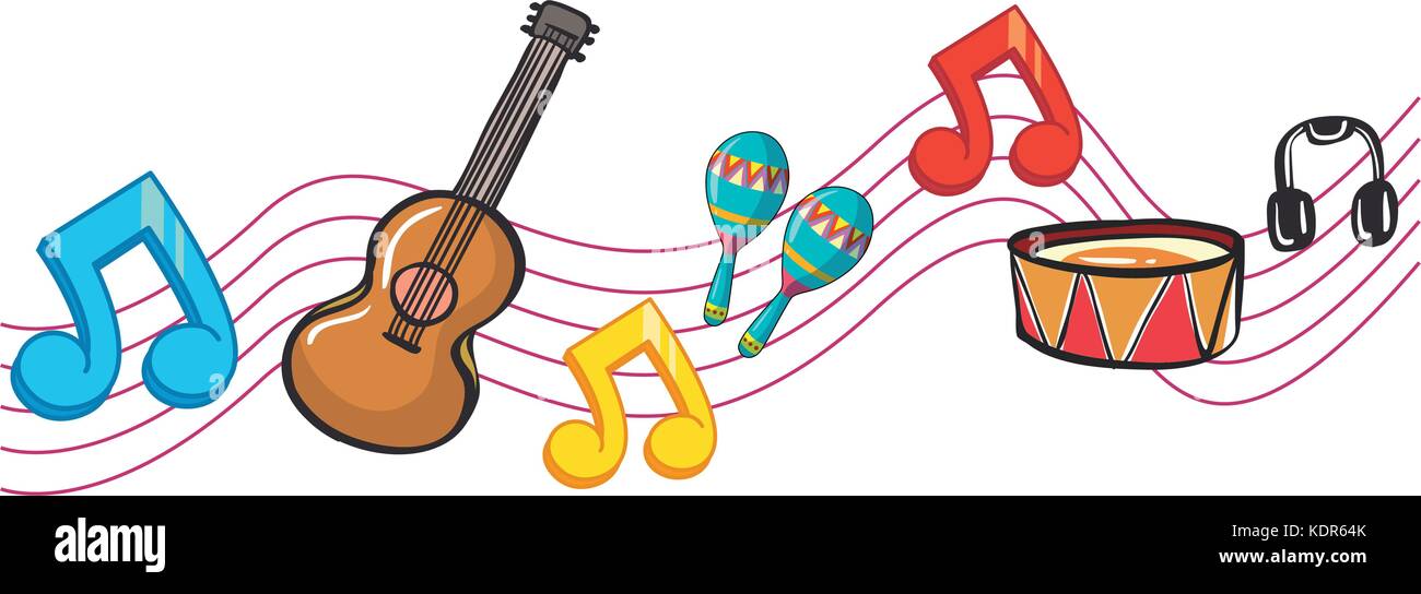 Musical instruments and music notes in background illustration Stock ...