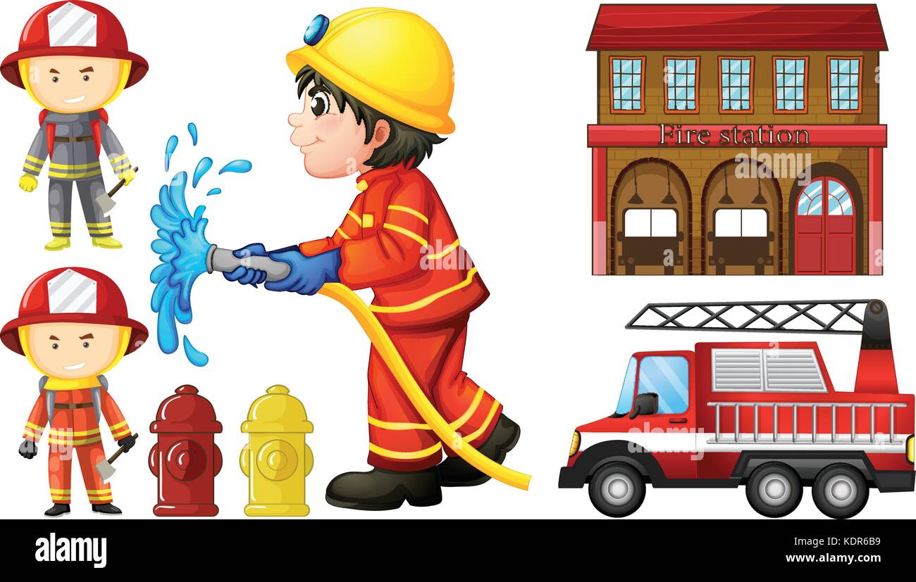 Firefighters with firetruck Stock Vector Images - Alamy