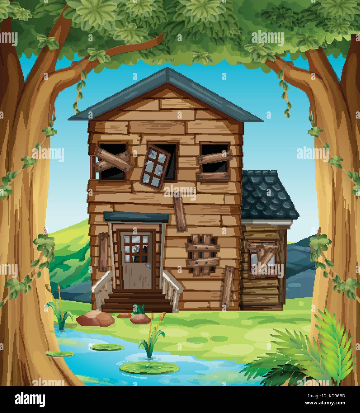 Ruined house in the woods illustration Stock Vector Image & Art - Alamy