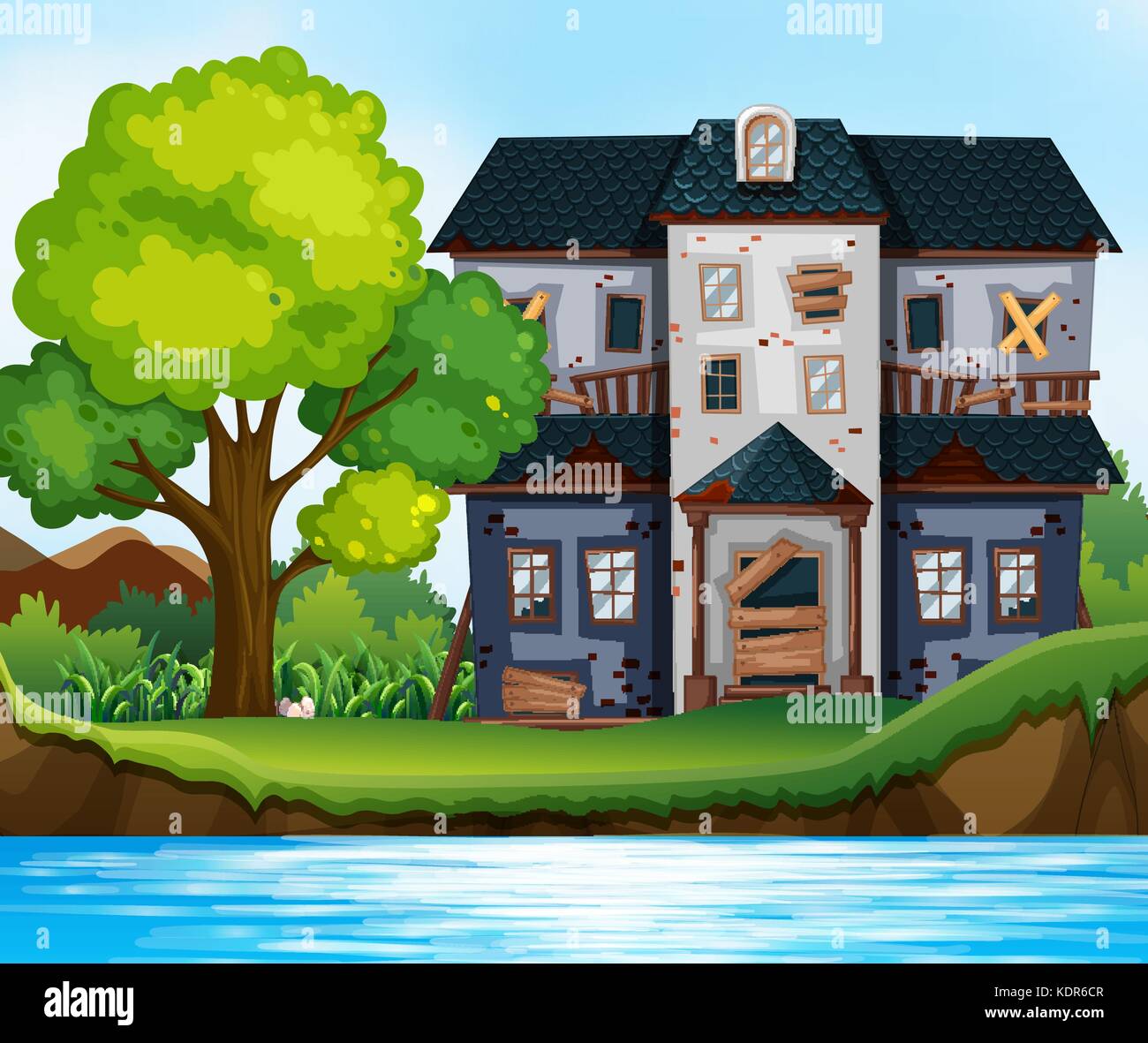 Ruined house by the pond illustration Stock Vector Image & Art - Alamy