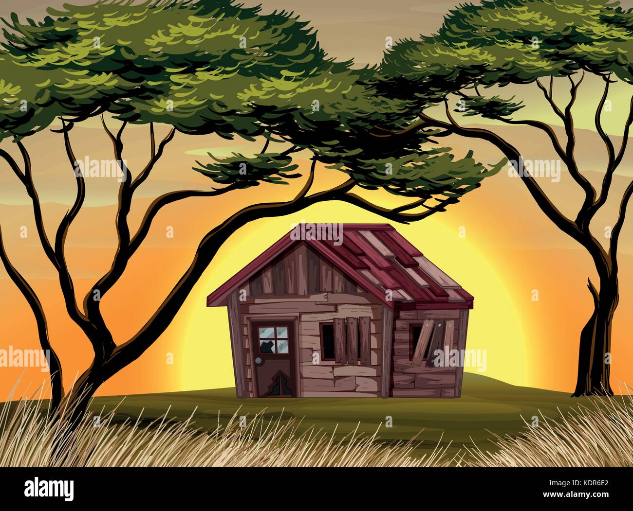 Old cottage in the field at sunset illustration Stock Vector Image ...