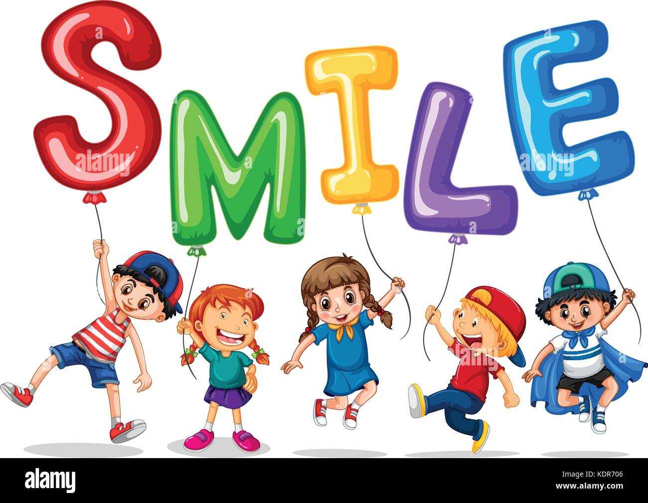 Happy children and balloons for word smile illustration Stock Vector ...
