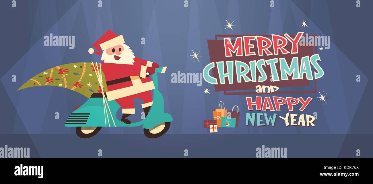 Santa Driving Scooter With Pine Tree, Merry Christmas And Happy New ...