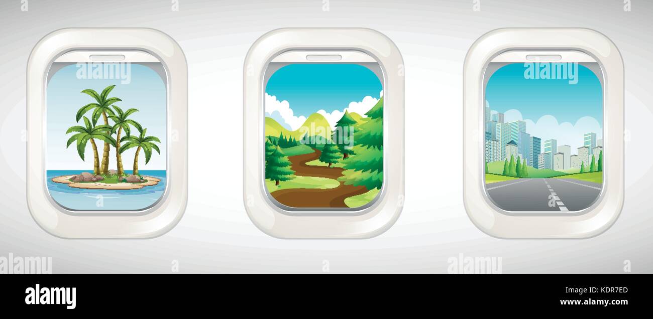 Three airplane windows with different views illustration Stock Vector ...