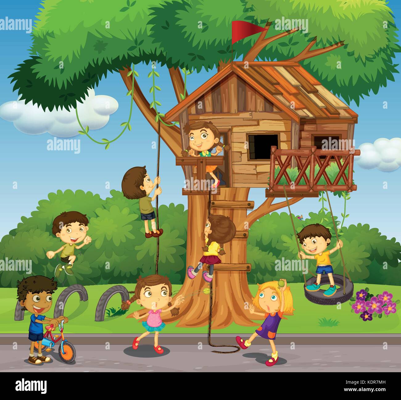 Kids playing at treehouse in park illustration Stock Vector Image & Art ...