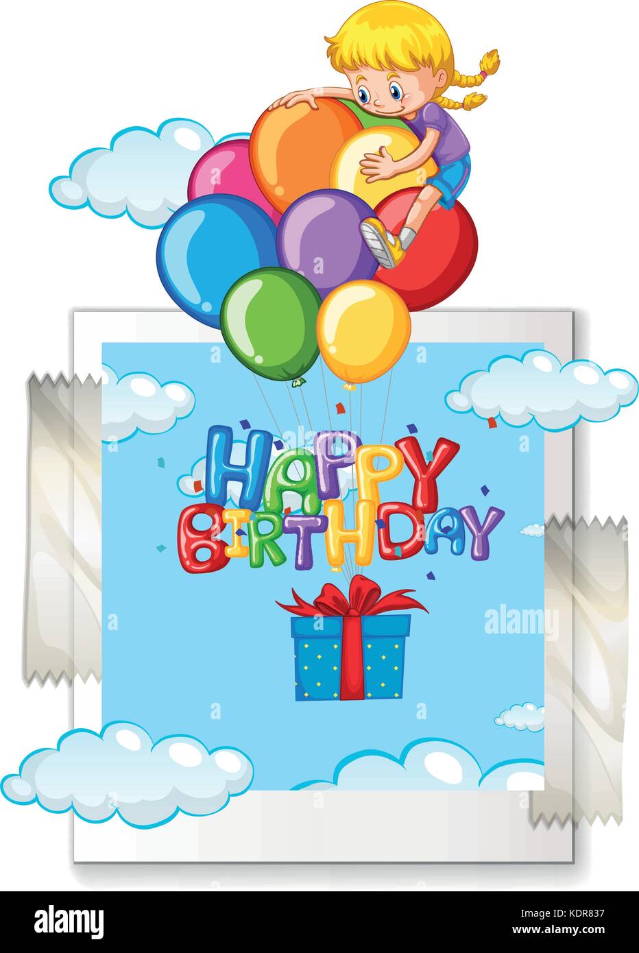 Happy birthday card with girl on balloons illustration Stock Vector ...